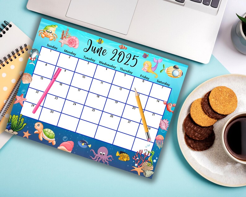 Editable Fillable June 2025 Calendar for Relaxing Summer With Cute Sea ...