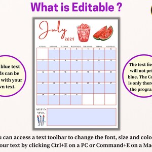 Editable Fillable July 2024 Calendar for Happy Summer, Printable ...