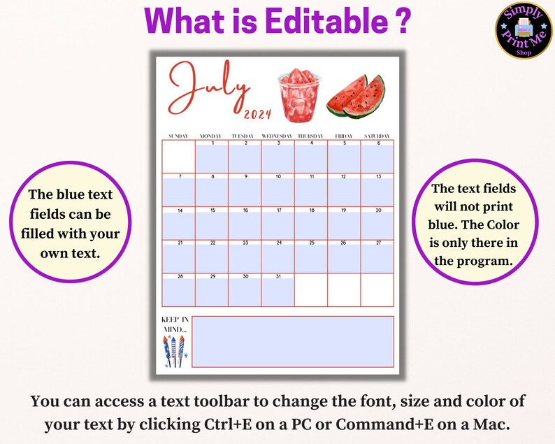 EDITABLE July 2024 Calendar, Printable Classroom Planner, Landscape ...