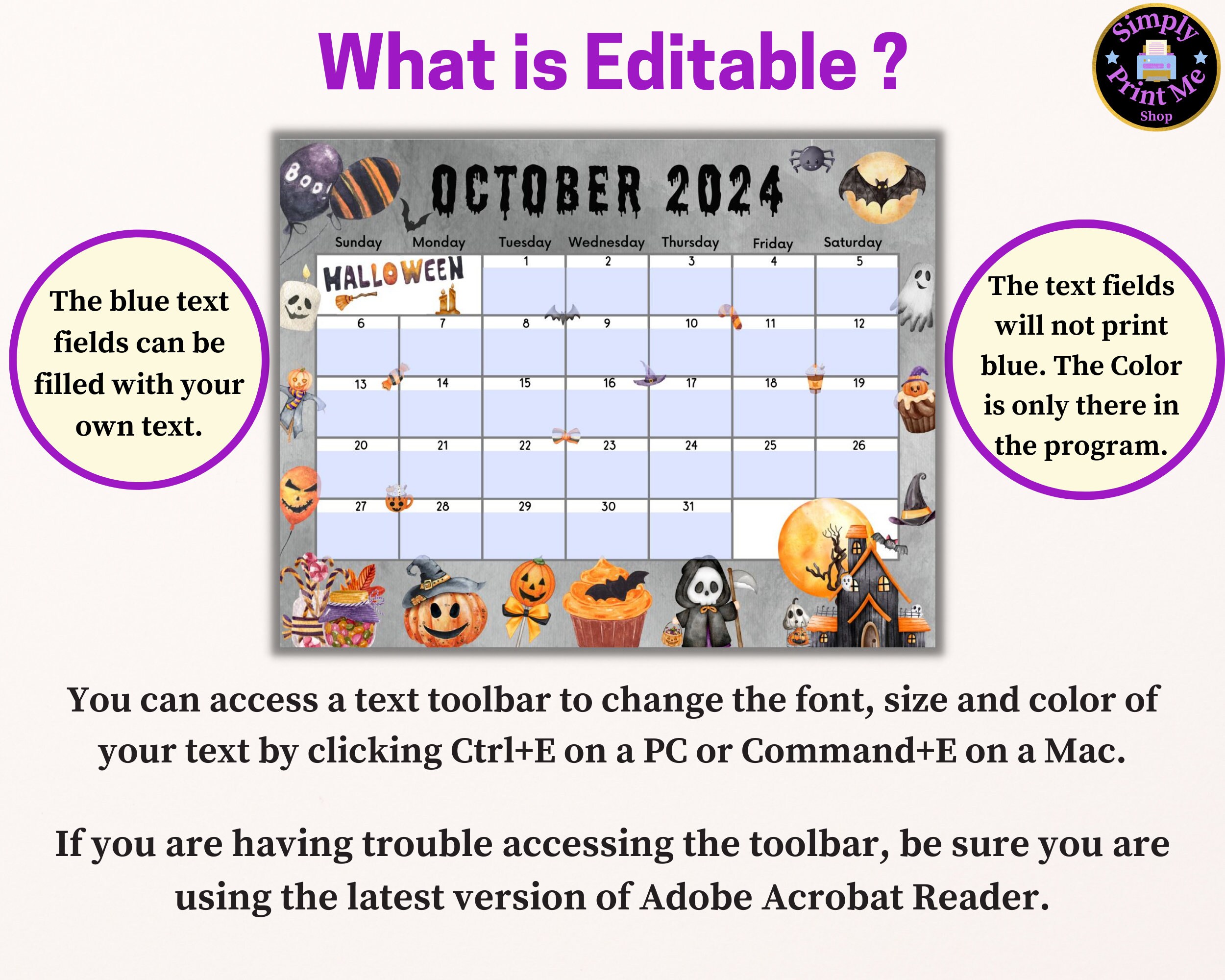 Editable Fillable October 2024 Calendar for Spooky Happy Halloween ...