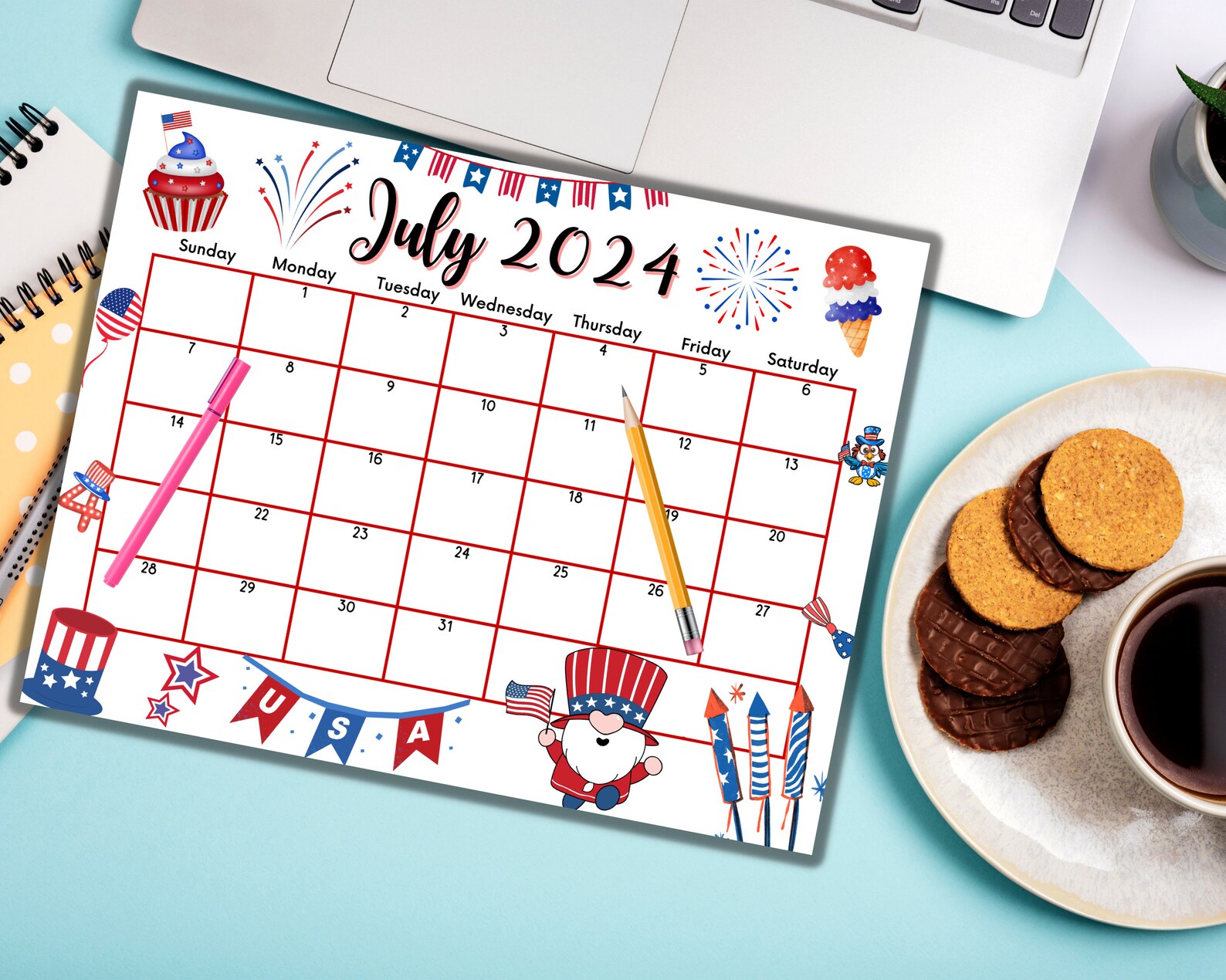 Editable Fillable July 2024 Calendar for Happy 4th July Independence ...