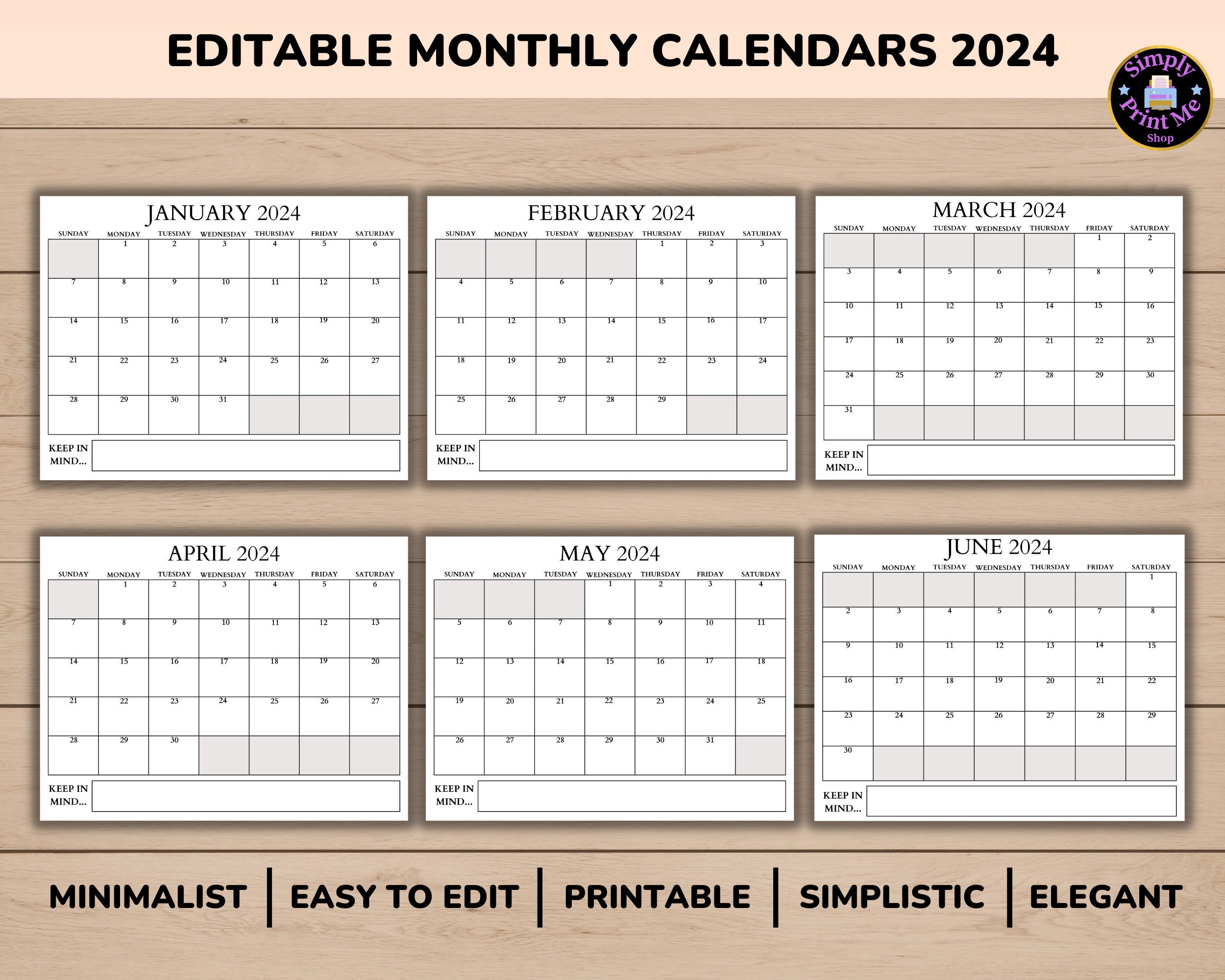 EDITABLE Monthly Calendar 2024 Bundle, 12 Month, Minimalist Elegant ...