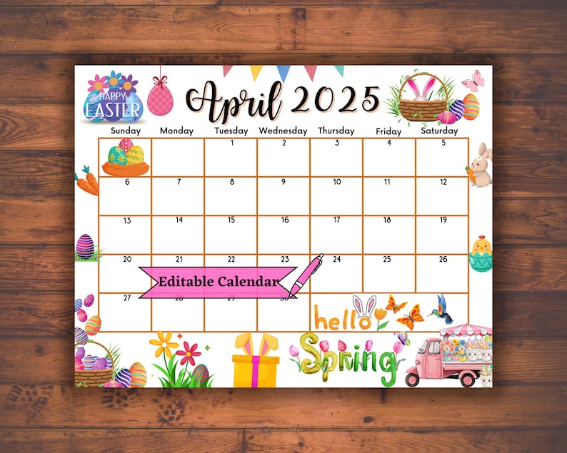 Buy Editable Fillable April 2025 Calendar for Happy Easter With Colorful Eggs & Butterflies ...