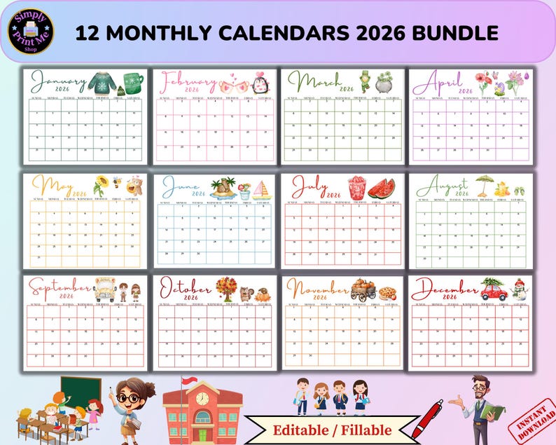 2026 Monthly Calendar Bundle: Minimalist Editable Printable Planner ...