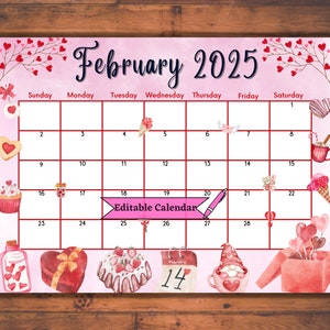 Editable Fillable February 2025 Calendar for Valentine’s Day, Printable ...