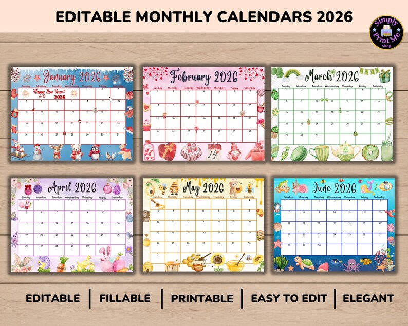 Editable Fillable Monthly Calendar 2026 Bundle From January to December ...