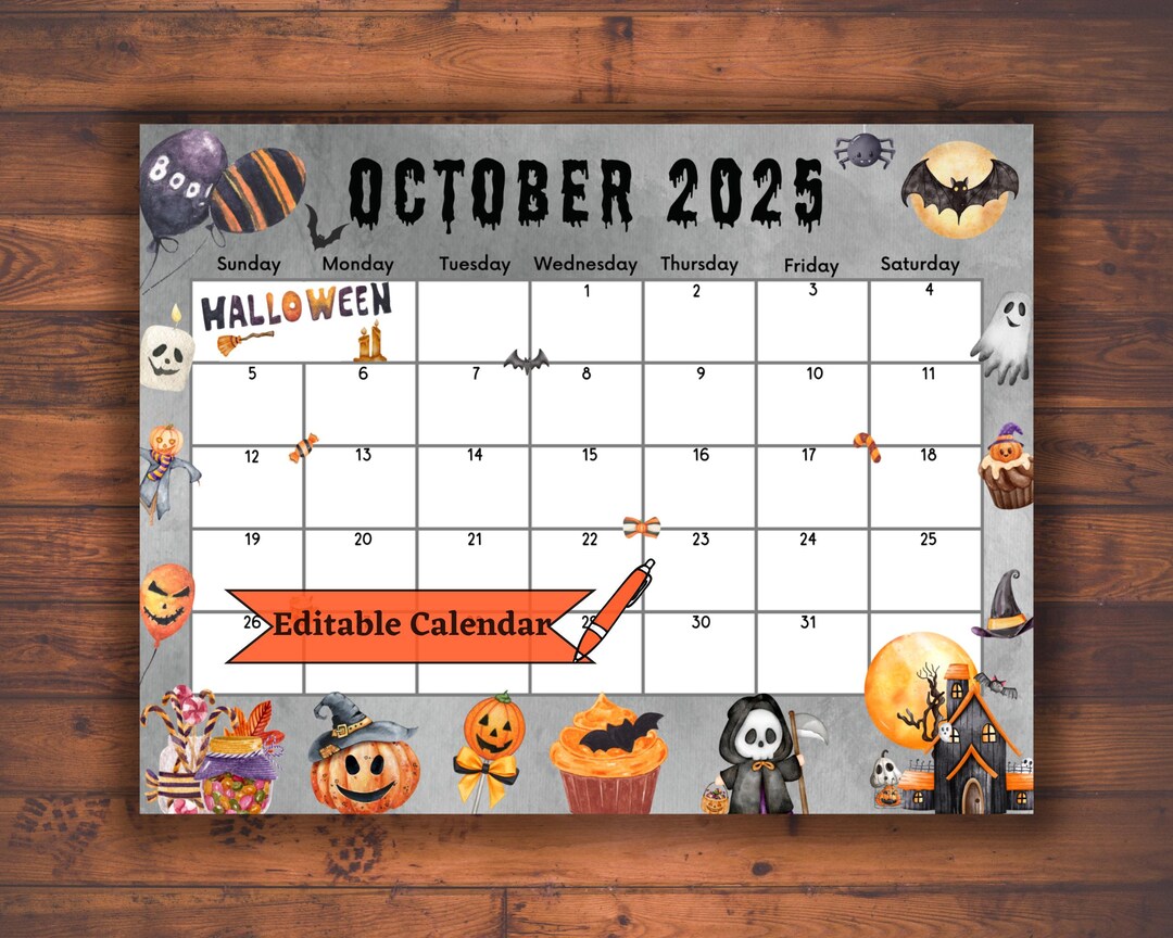 Editable Fillable October 2025 Calendar for Spooky Happy Halloween ...