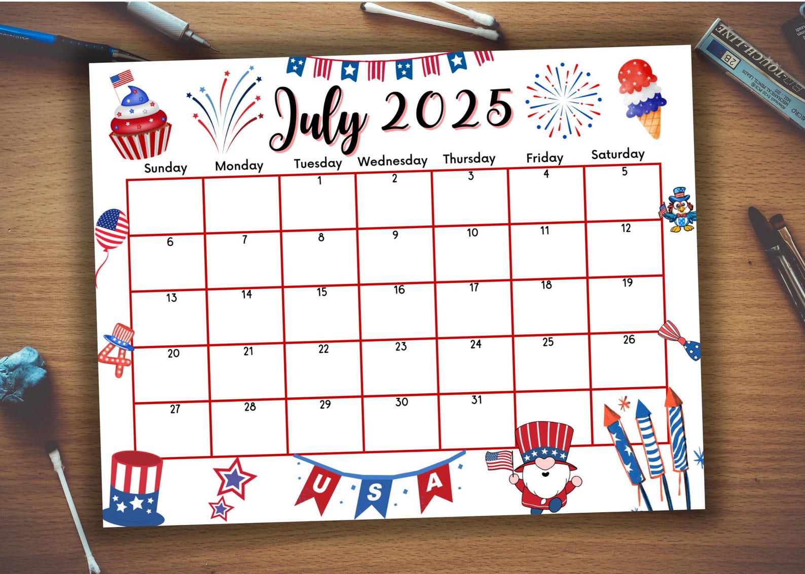 Editable Fillable July 2025 Calendar for Happy 4th July Independence ...