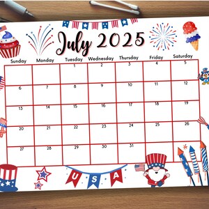 Editable Fillable July 2025 Calendar for Happy 4th July Independence ...