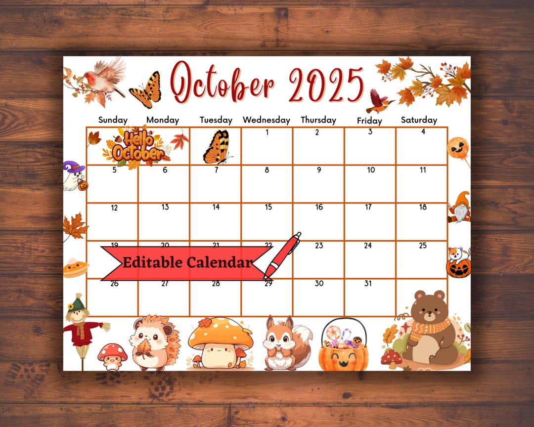 Editable Fillable October 2025 Calendar for Autumn, Fall, Happy ...