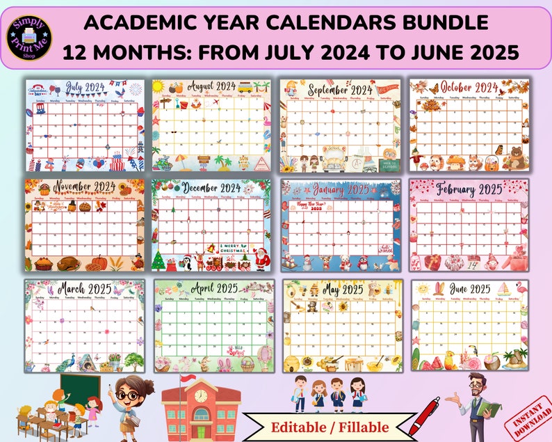 Editable School Calendar 2024-2025 From July to June, Printable ...