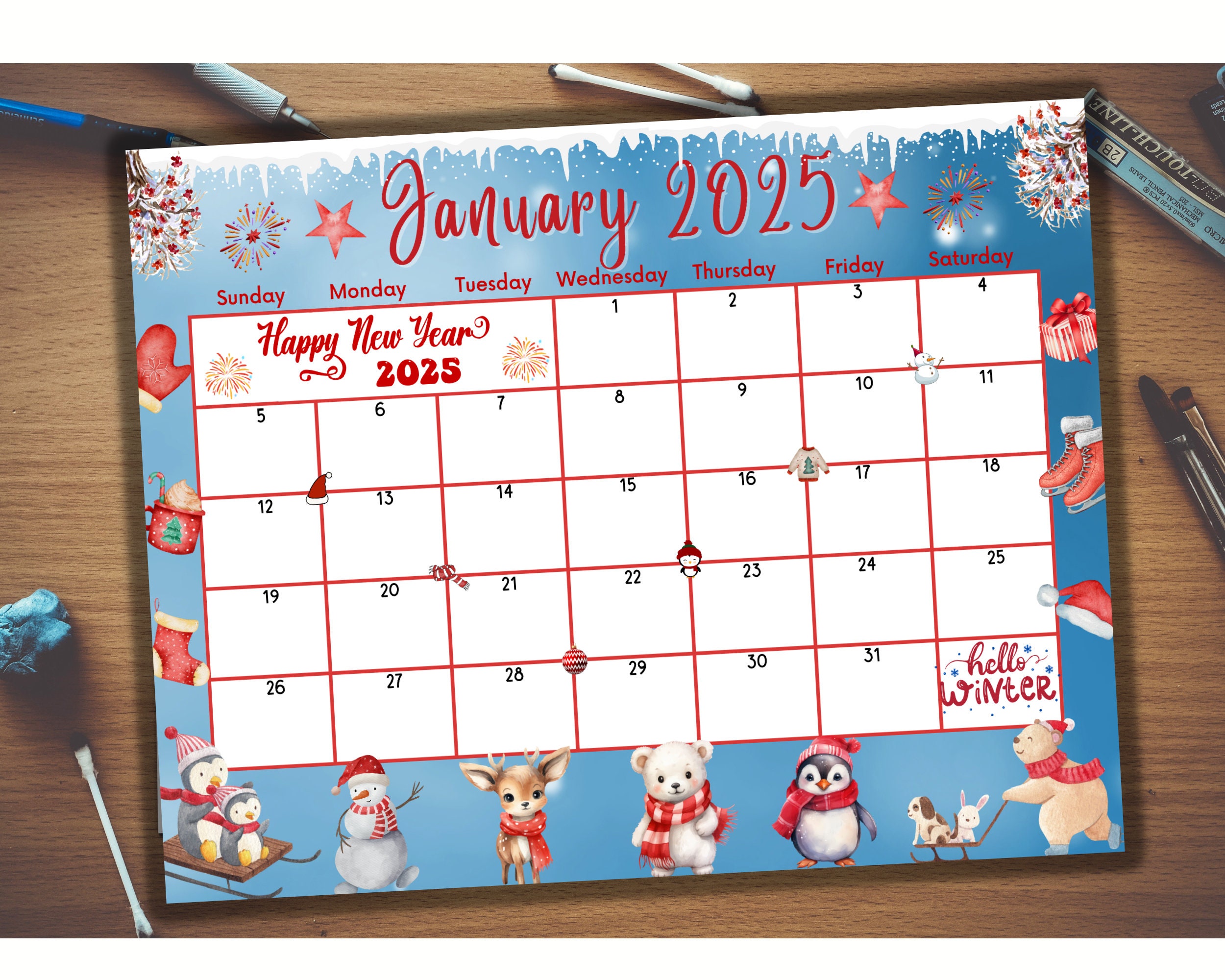 Editable Fillable January 2025 Calendar for Happy New Year Celebration ...