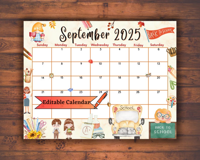 Editable Fillable September 2025 Calendar for Autumn, Fall, Back to ...