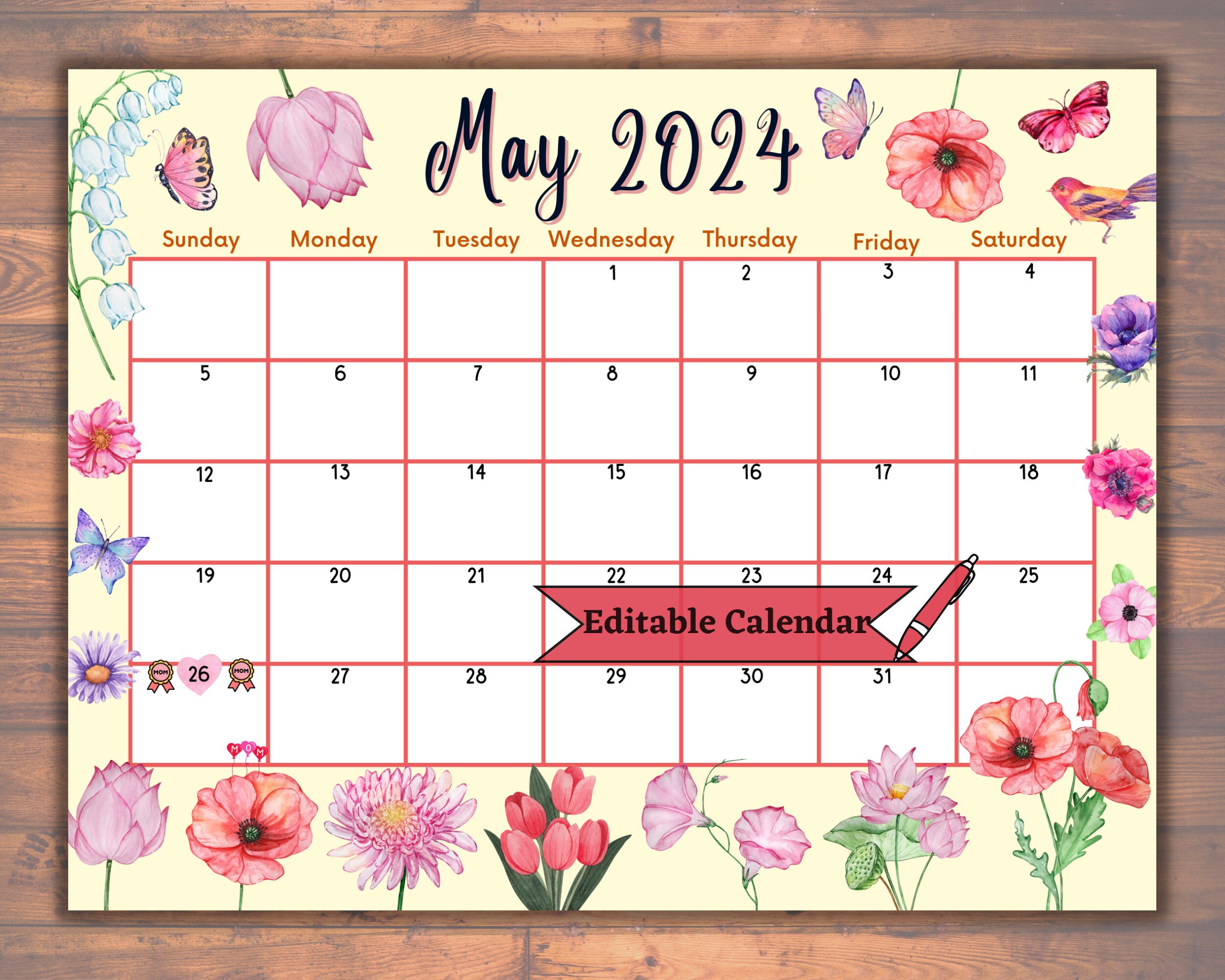 Editable Fillable May 2024 Calendar for Spring With Lovely Flowers ...
