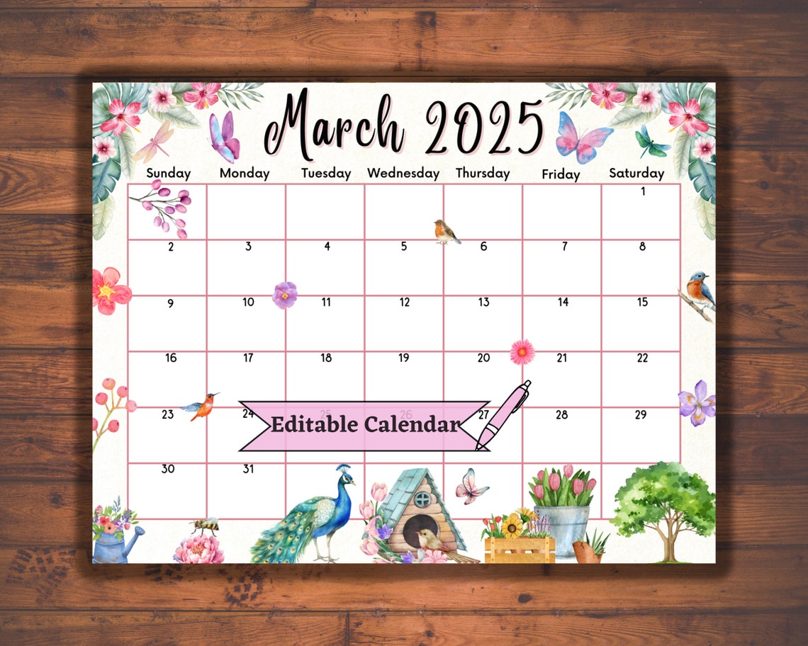 Editable Fillable March 2025 Calendar for Joyful and Colorful Spring ...