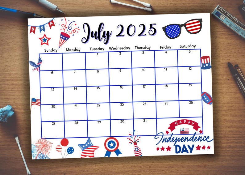 Editable Fillable July 2025 Calendar for Happy 4th July Independence ...