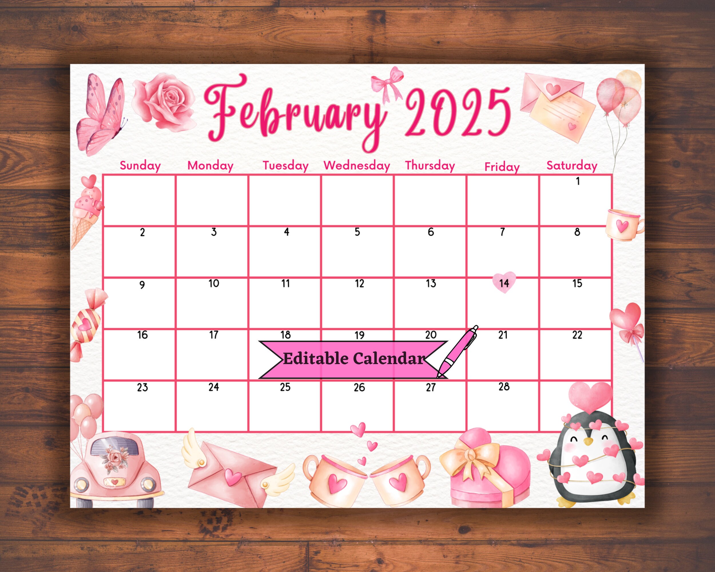 Editable Fillable February 2025 Calendar for Valentines Day, Digital ...