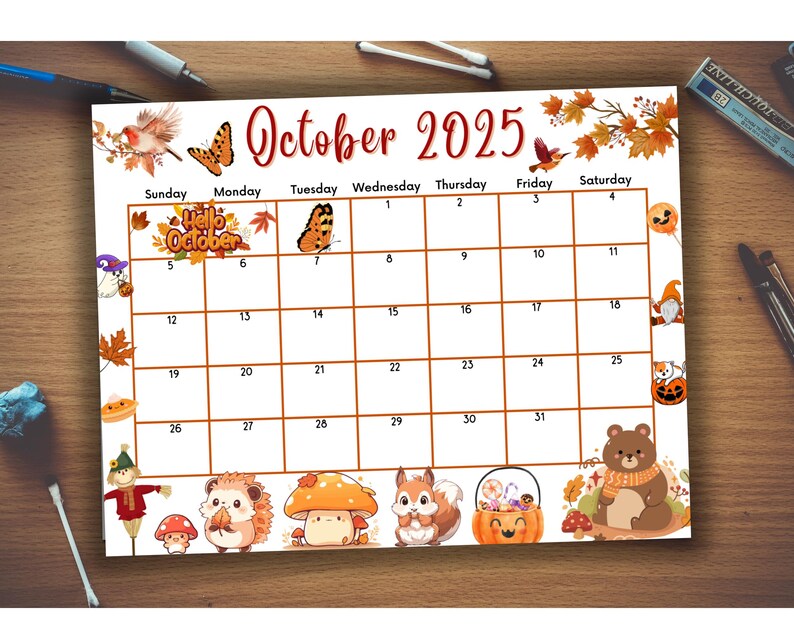 Editable Fillable October 2025 Calendar for Autumn, Fall, Happy ...