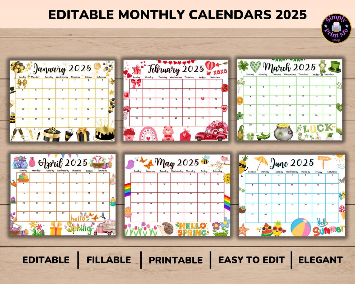 Editable Fillable Monthly Calendar 2025 Bundle From January to December ...