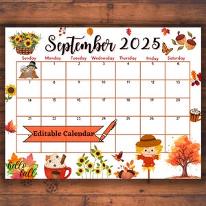 Editable Fillable September 2025 Calendar for Autumn, Fall, Back to ...