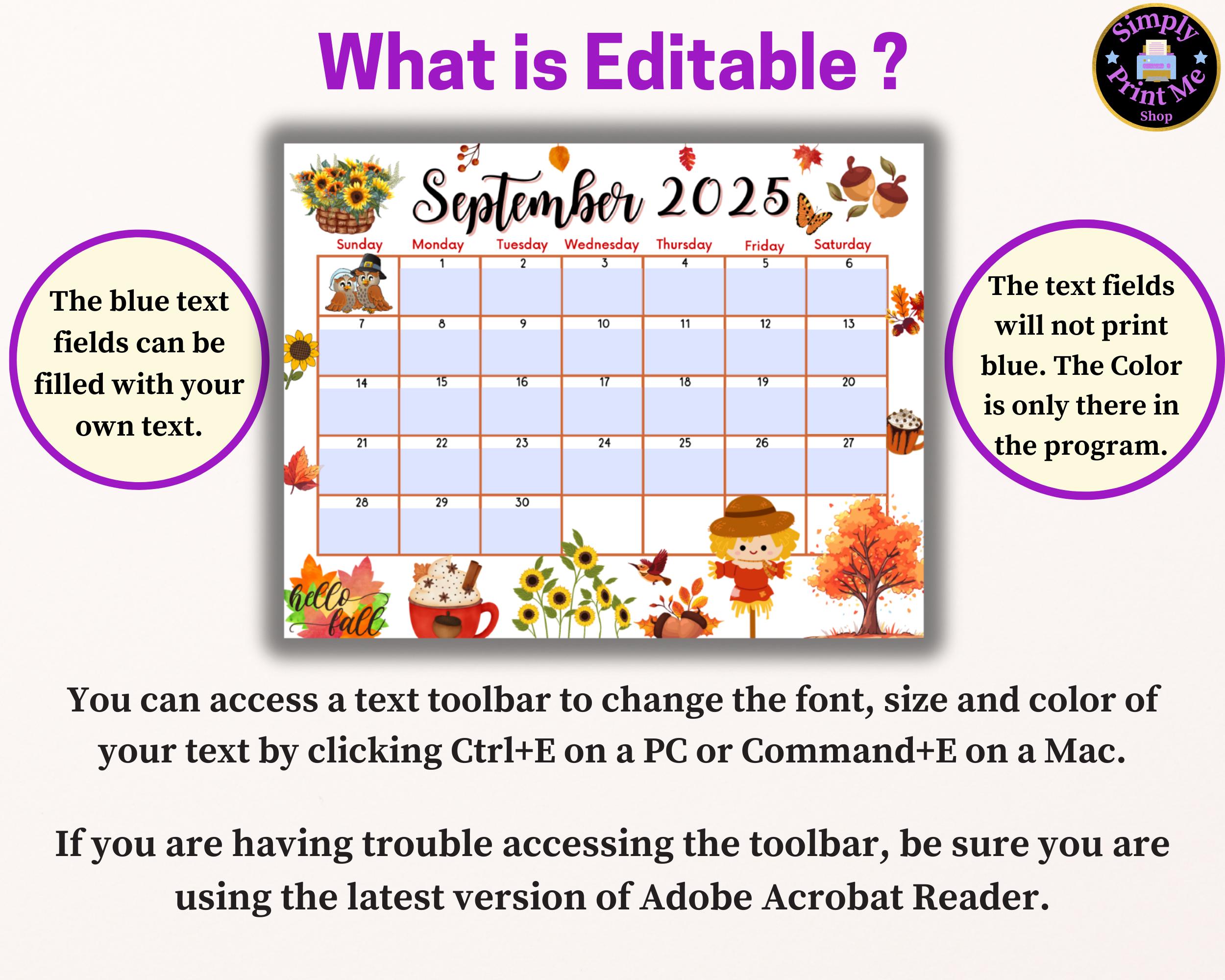 Editable Fillable September 2025 Calendar for Autumn, Fall, Back to ...