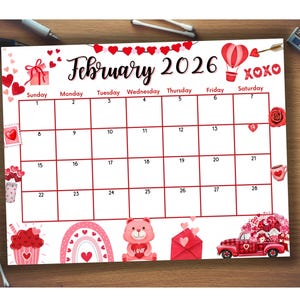 Editable Fillable February 2026 Calendar for Valentine’s Day, Printable ...