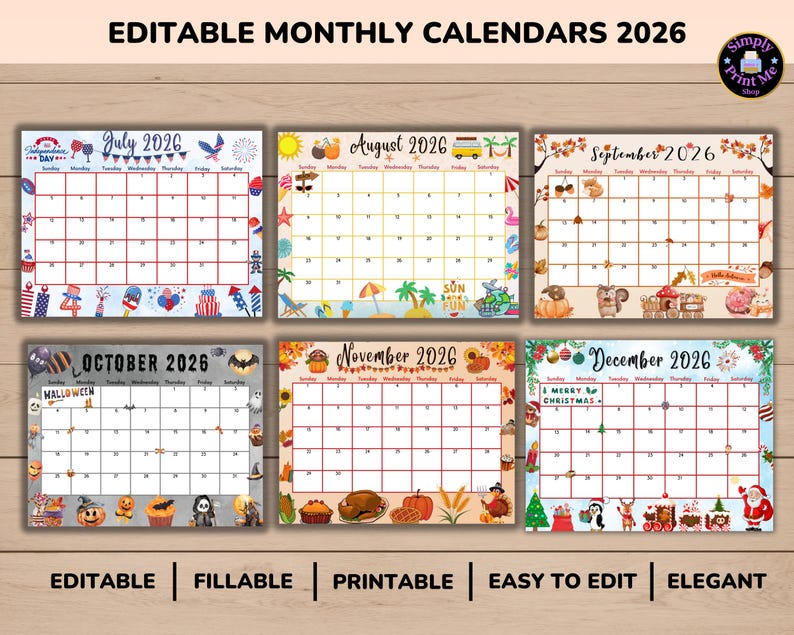 Editable Fillable Monthly Calendar 2026 Bundle From January to December ...