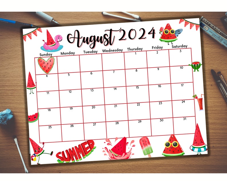 Editable Fillable August 2024 Calendar for Happy Summer Vacation, Funny ...
