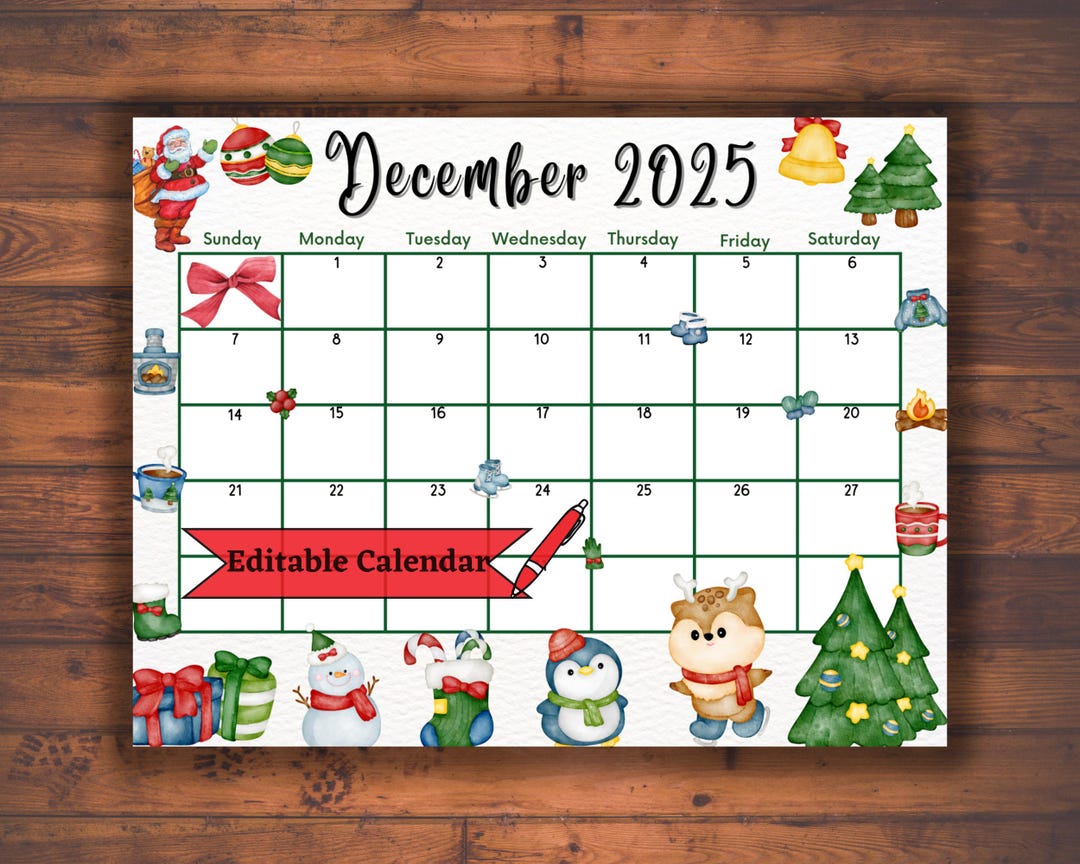 Editable Fillable December 2025 Calendar for Merry Christmas, Colorful ...