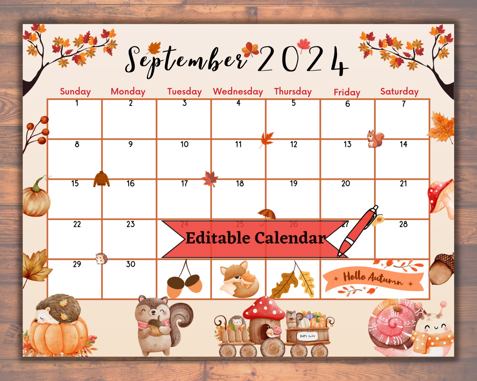 Editable Fillable September 2024 Calendar for Autumn, Fall, Back to ...