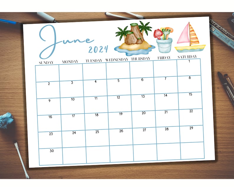 EDITABLE June 2024 Calendar, Printable Classroom Planner, Landscape ...