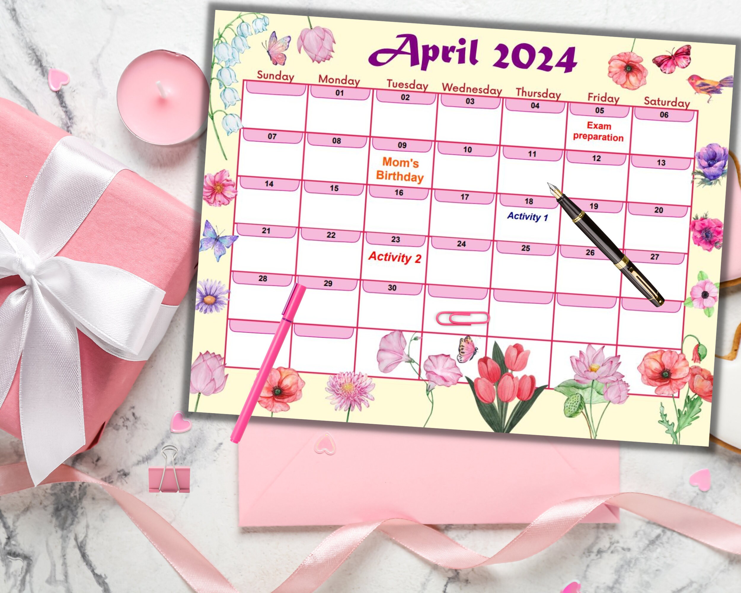 Fully Editable Undated Monthly Calendar With Lovely Flowers, Fillable ...