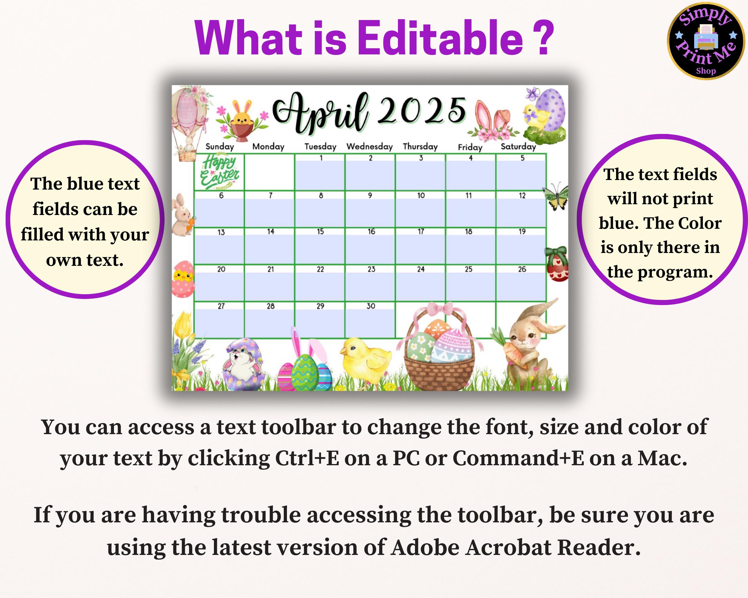 Editable Fillable April 2025 Calendar for Happy Easter With Cute ...