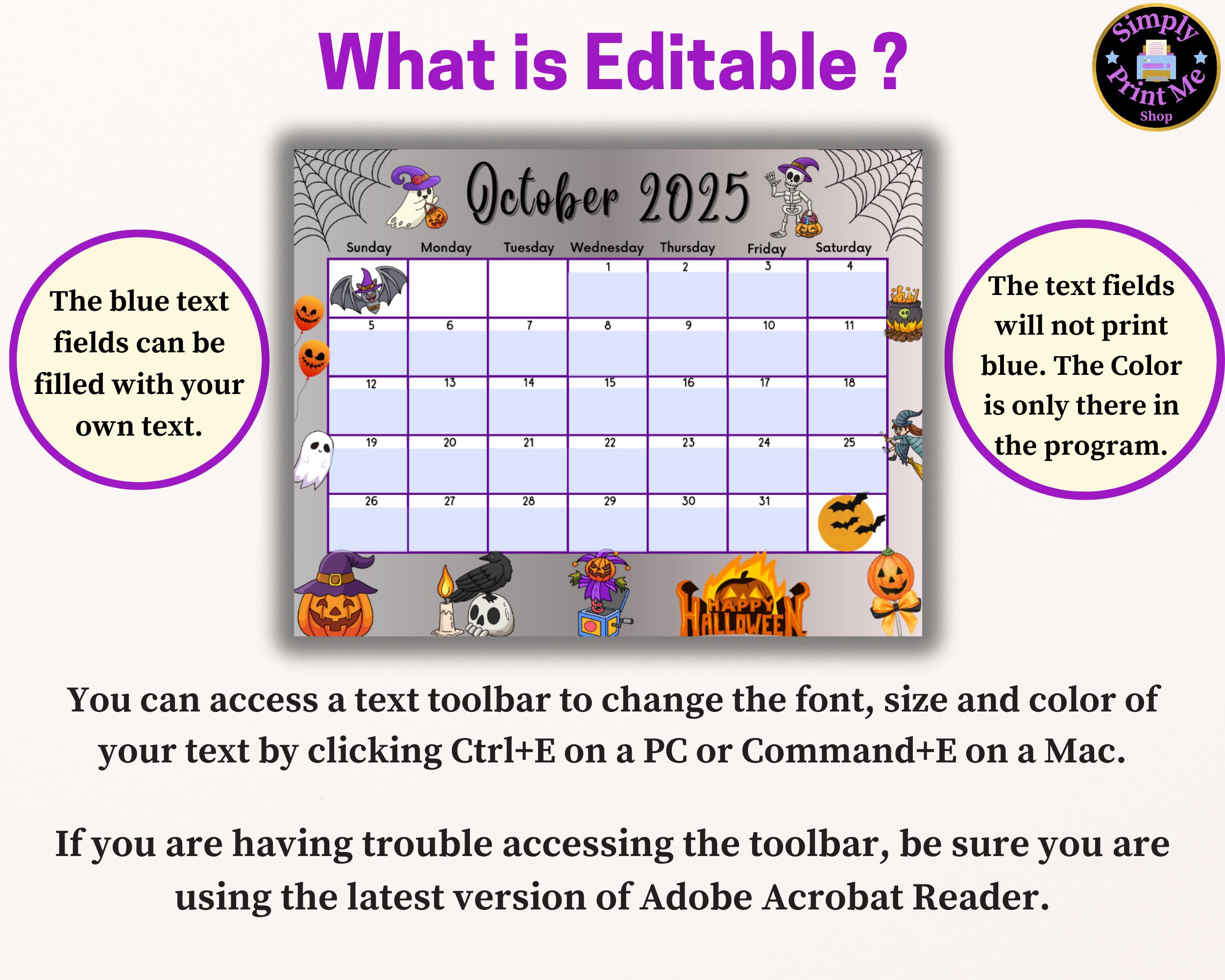 Editable Fillable October 2025 Calendar for Spooky Happy Halloween ...