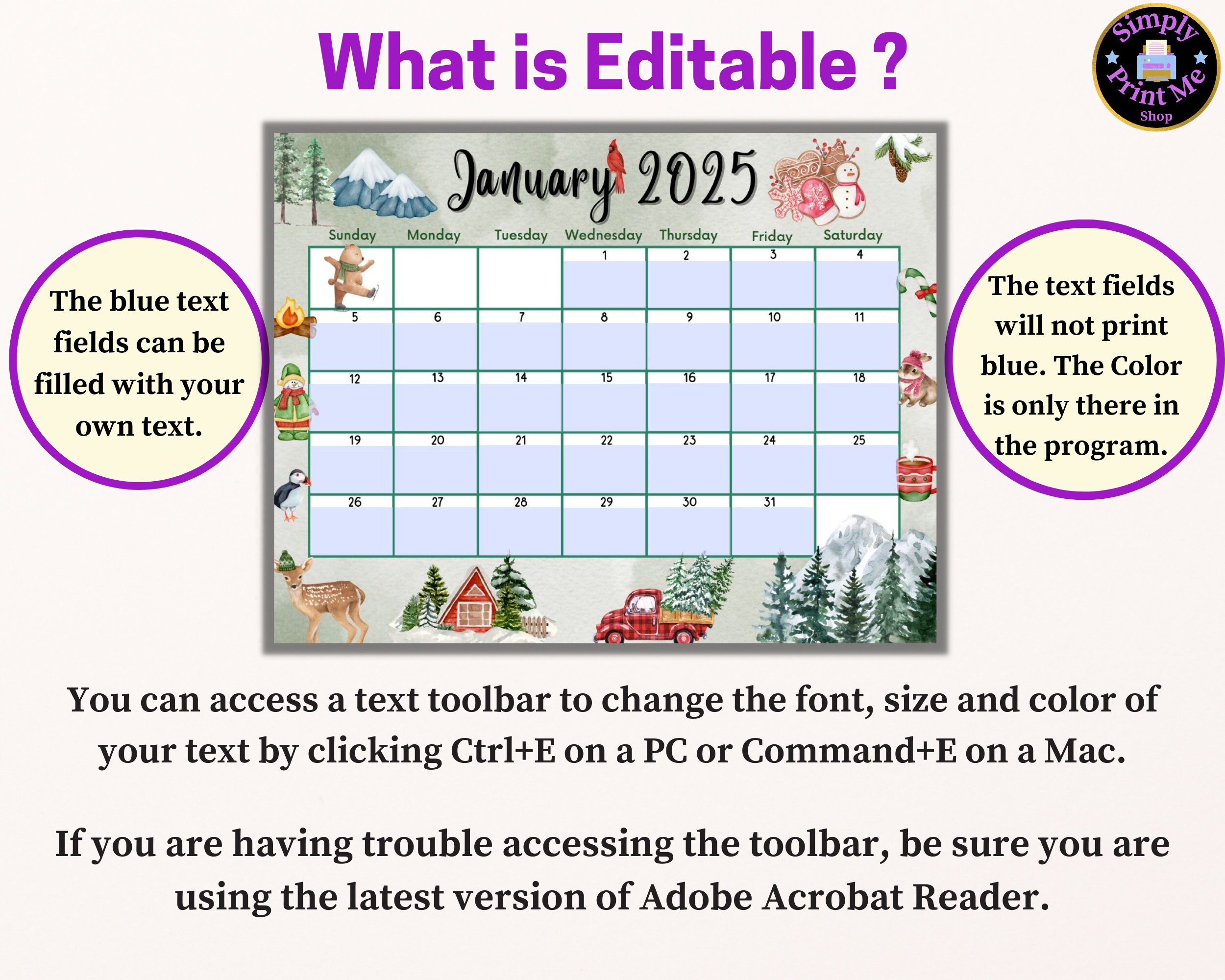 Editable January 2025 Calendar for Happy Winter, New Year 2025, Trees ...