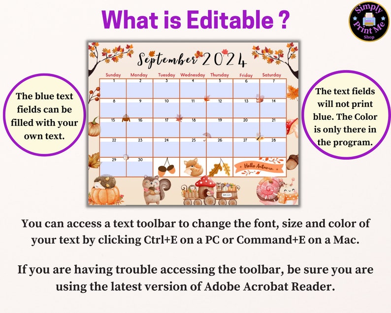 Editable Fillable September 2024 Calendar for Autumn, Fall, Back to ...