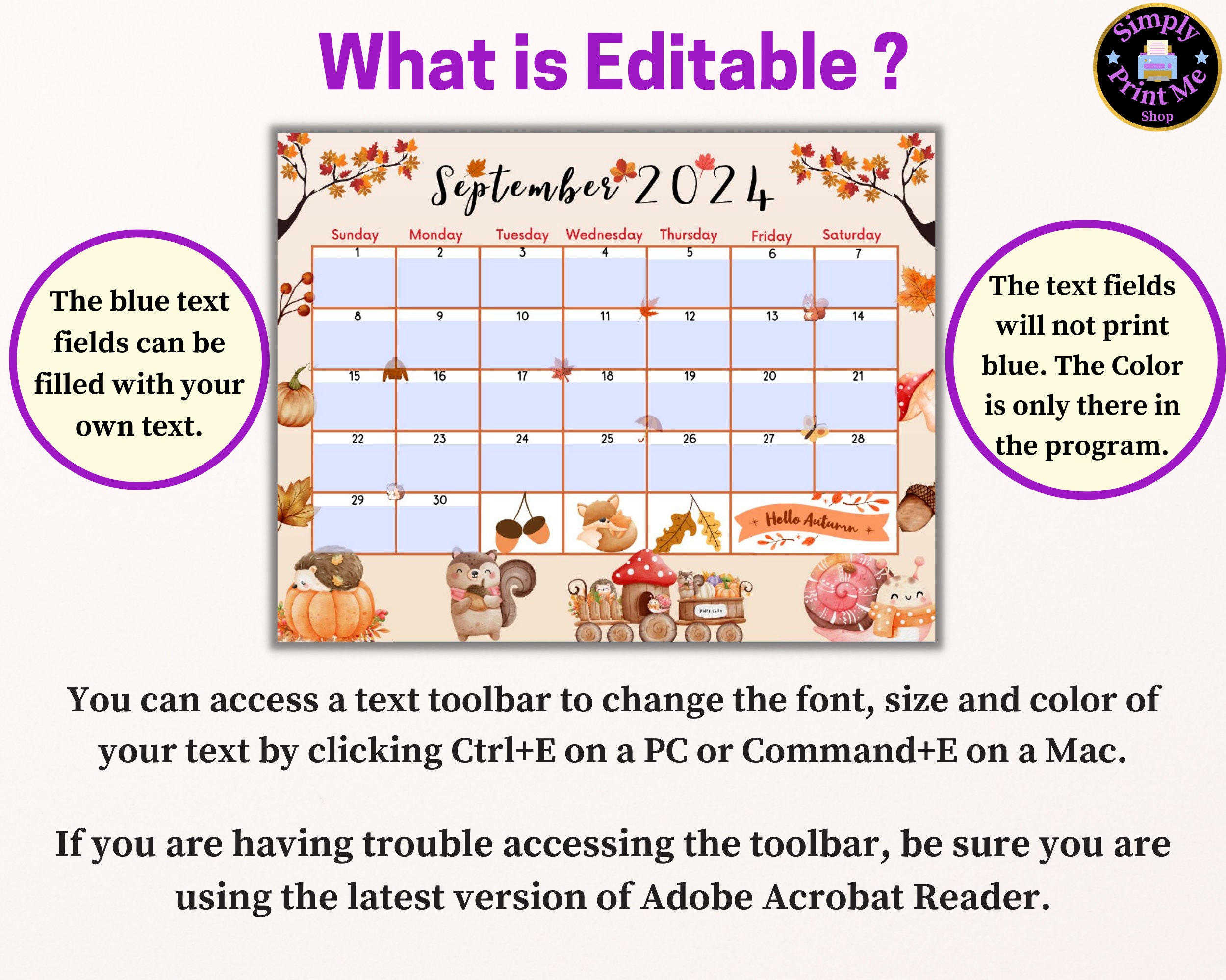 Editable Fillable September 2024 Calendar for Autumn, Fall, Back to ...