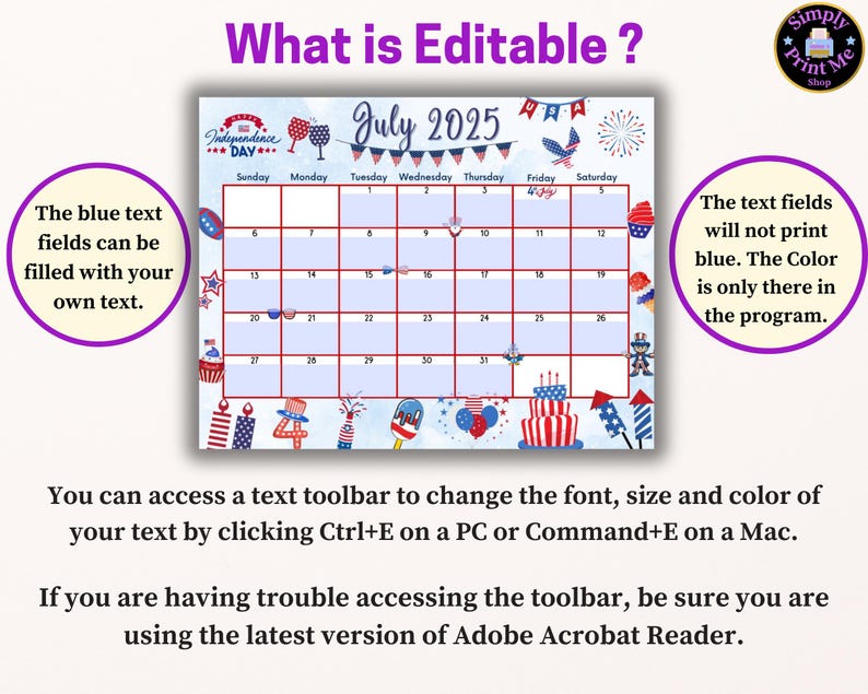 Editable Fillable July 2025 Calendar for 4th July Independence Day ...