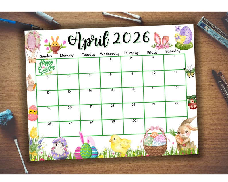 Editable Fillable April 2026 Calendar for Happy Easter With Cute ...