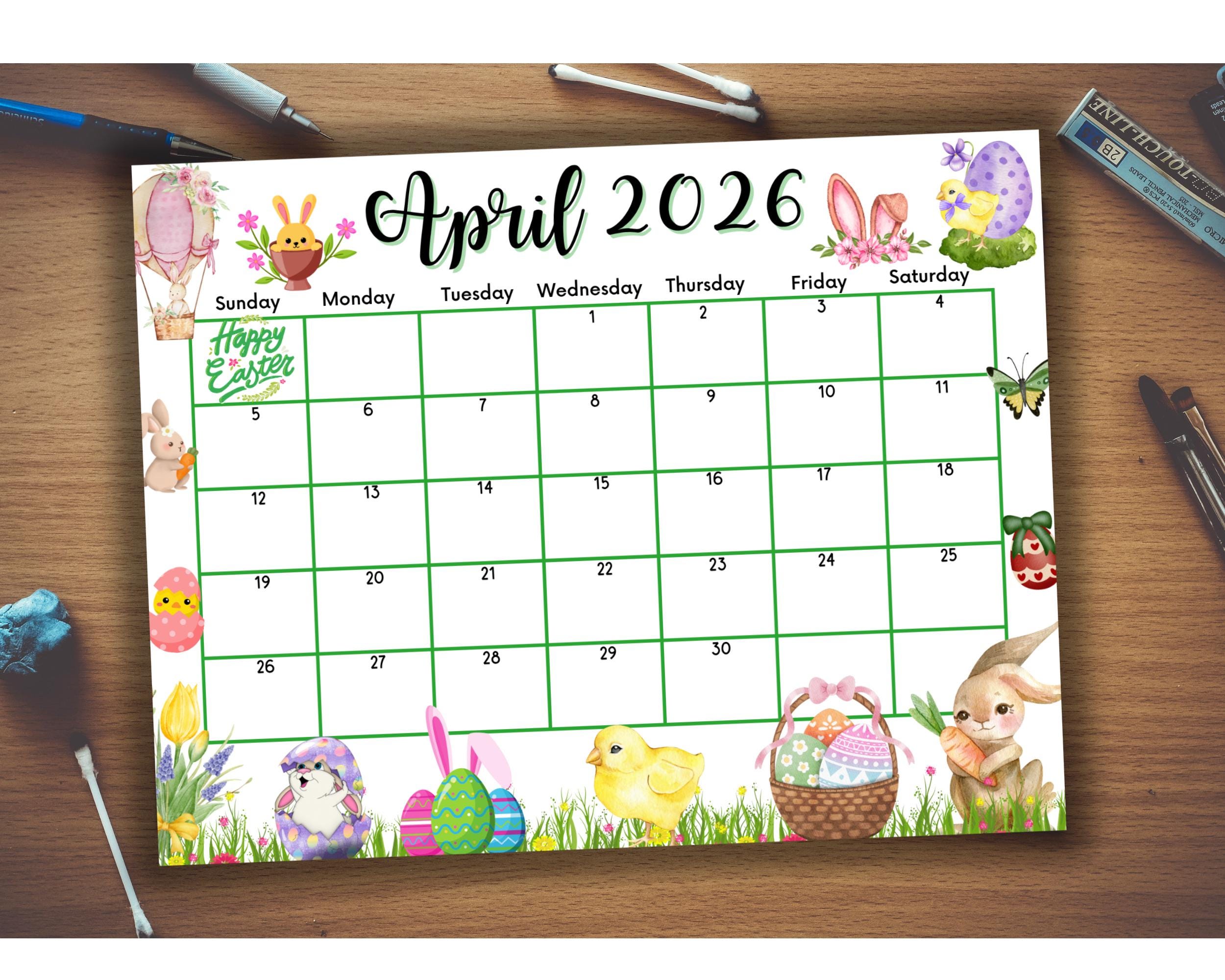 Editable Fillable April 2026 Calendar for Happy Easter With Cute ...