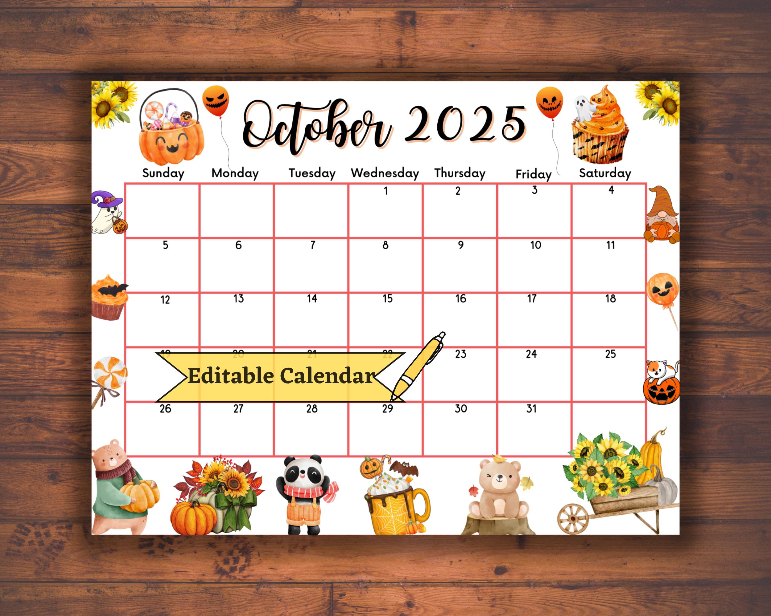 Editable Fillable October 2025 Calendar for Autumn, Fall, Happy ...