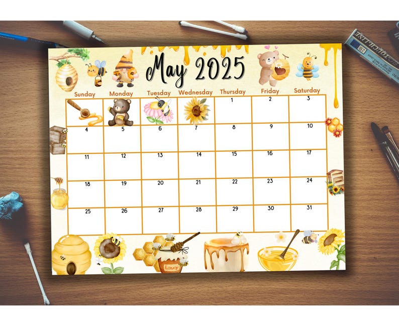 Editable Fillable May 2025 Calendar for Spring With Cute Honey Bees ...