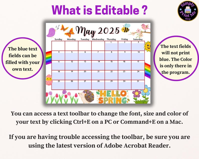 Editable Fillable May 2025 Calendar for Happy Spring With Colorful ...