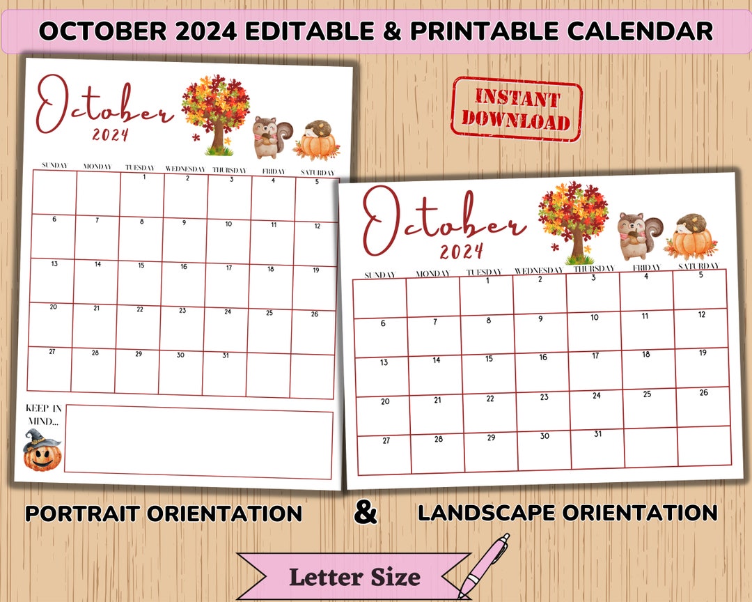 EDITABLE October 2024 Calendar, Printable Autumn Classroom Planner ...