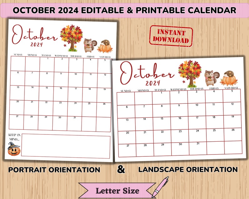 EDITABLE October 2024 Calendar, Printable Autumn Classroom Planner ...