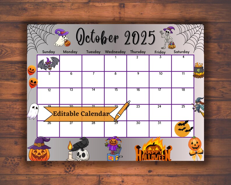 Editable Fillable October 2025 Calendar for Spooky Happy Halloween ...