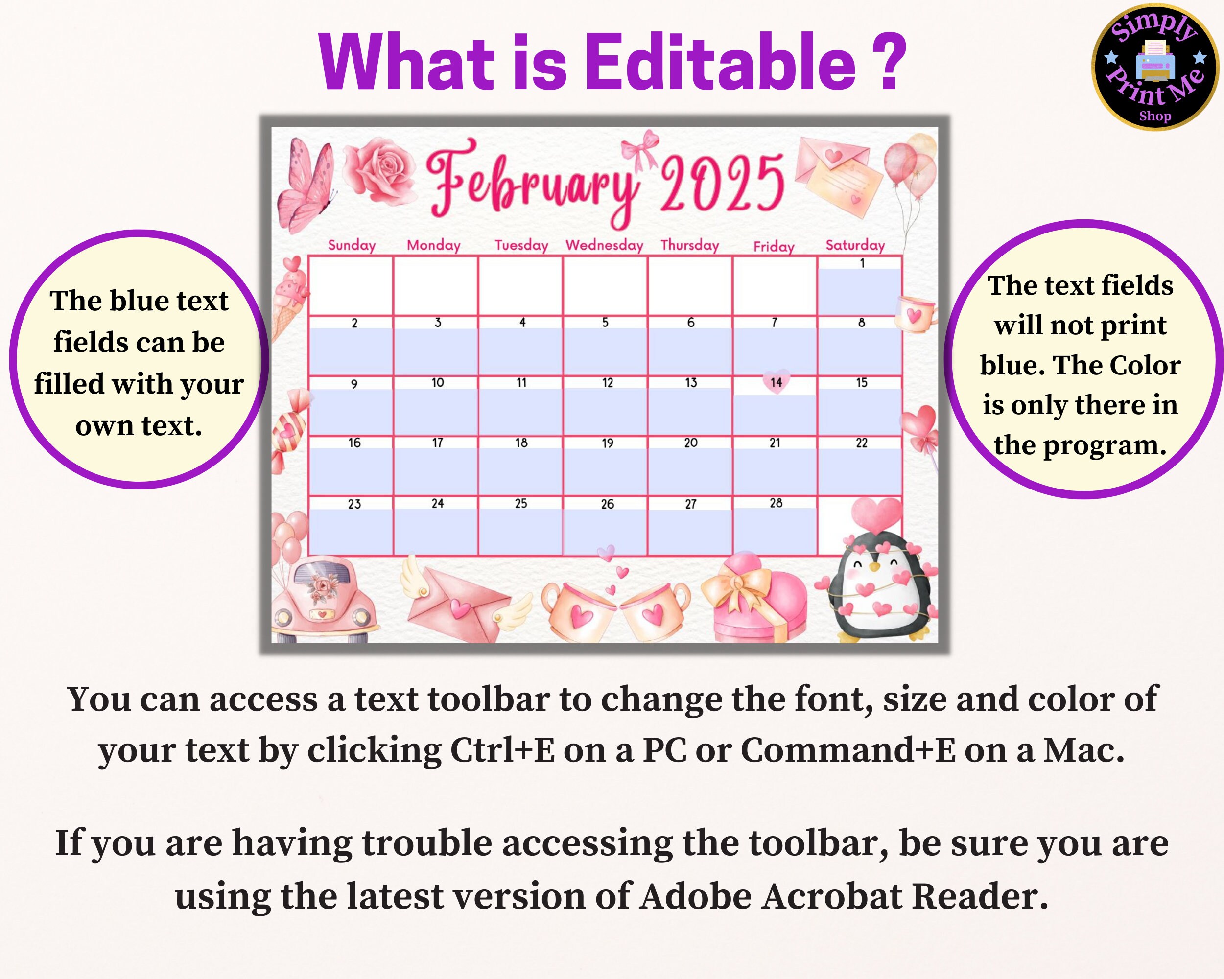 Editable Fillable February 2025 Calendar for Valentines Day, Digital ...