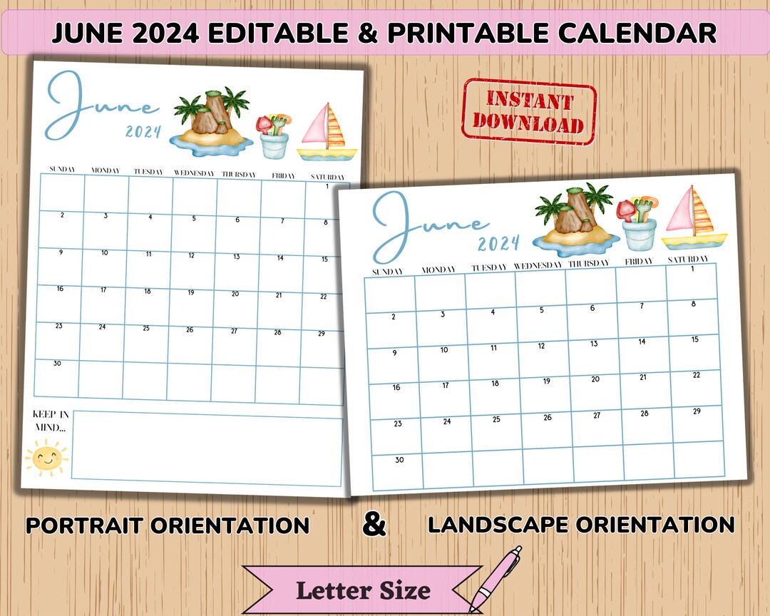 EDITABLE June 2024 Calendar, Printable Classroom Planner, Landscape ...
