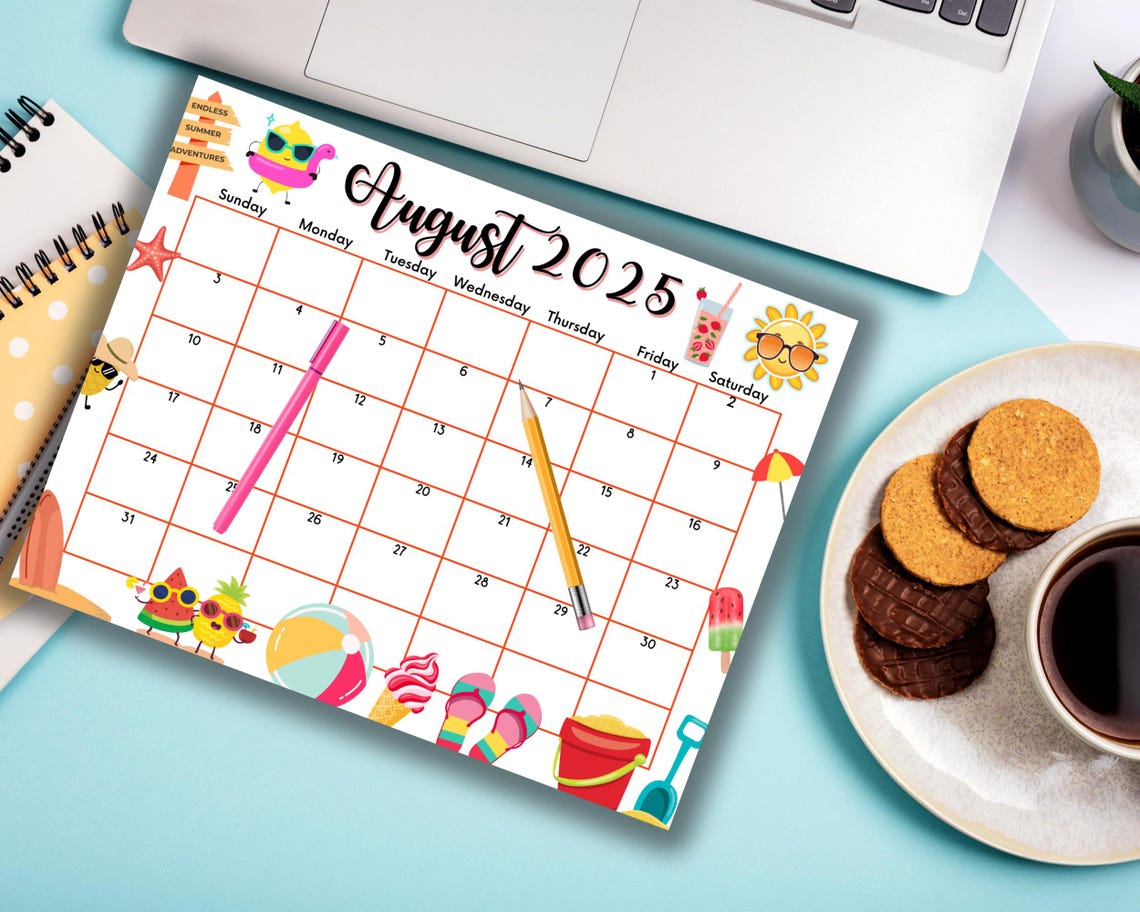 Editable Fillable August 2025 Calendar for Happy Summer Vacation at the ...