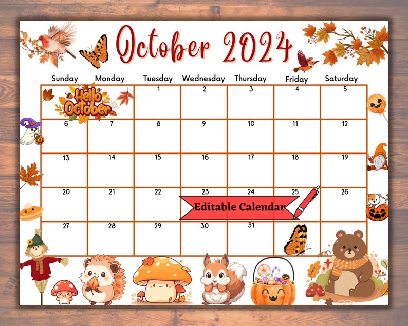 Editable Fillable October 2024 Calendar for Autumn, Fall, Happy ...